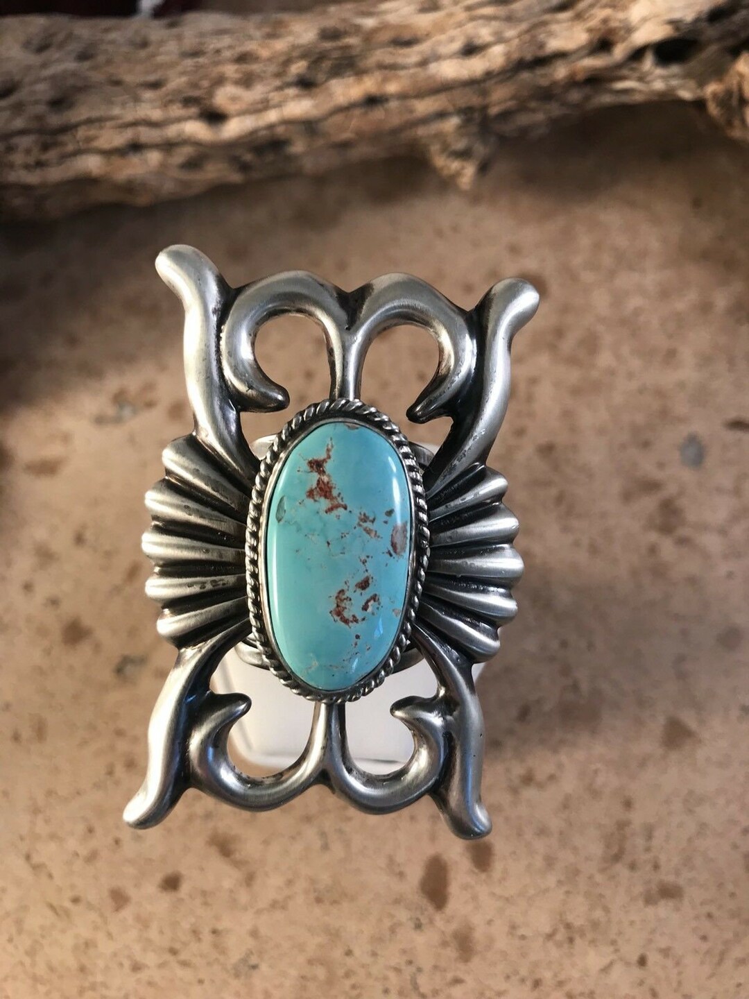 Russell Sam Navajo Pilot Mountain Turquoise & Sterling Hand Stamped ...