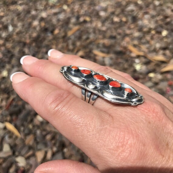 Navajo Sterling Silver Orange Spiny Oyster 5 Stone Ri… - Gem