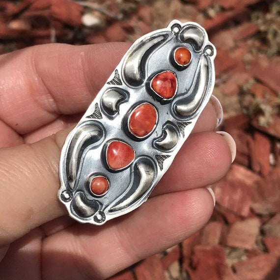 Navajo Sterling Silver Orange Spiny Oyster 5 Stone Ri… - Gem