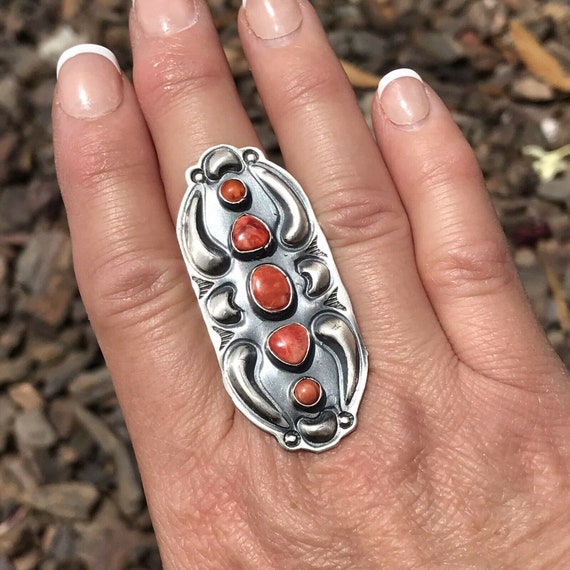 Navajo Sterling Silver Orange Spiny Oyster 5 Stone Ri… - Gem