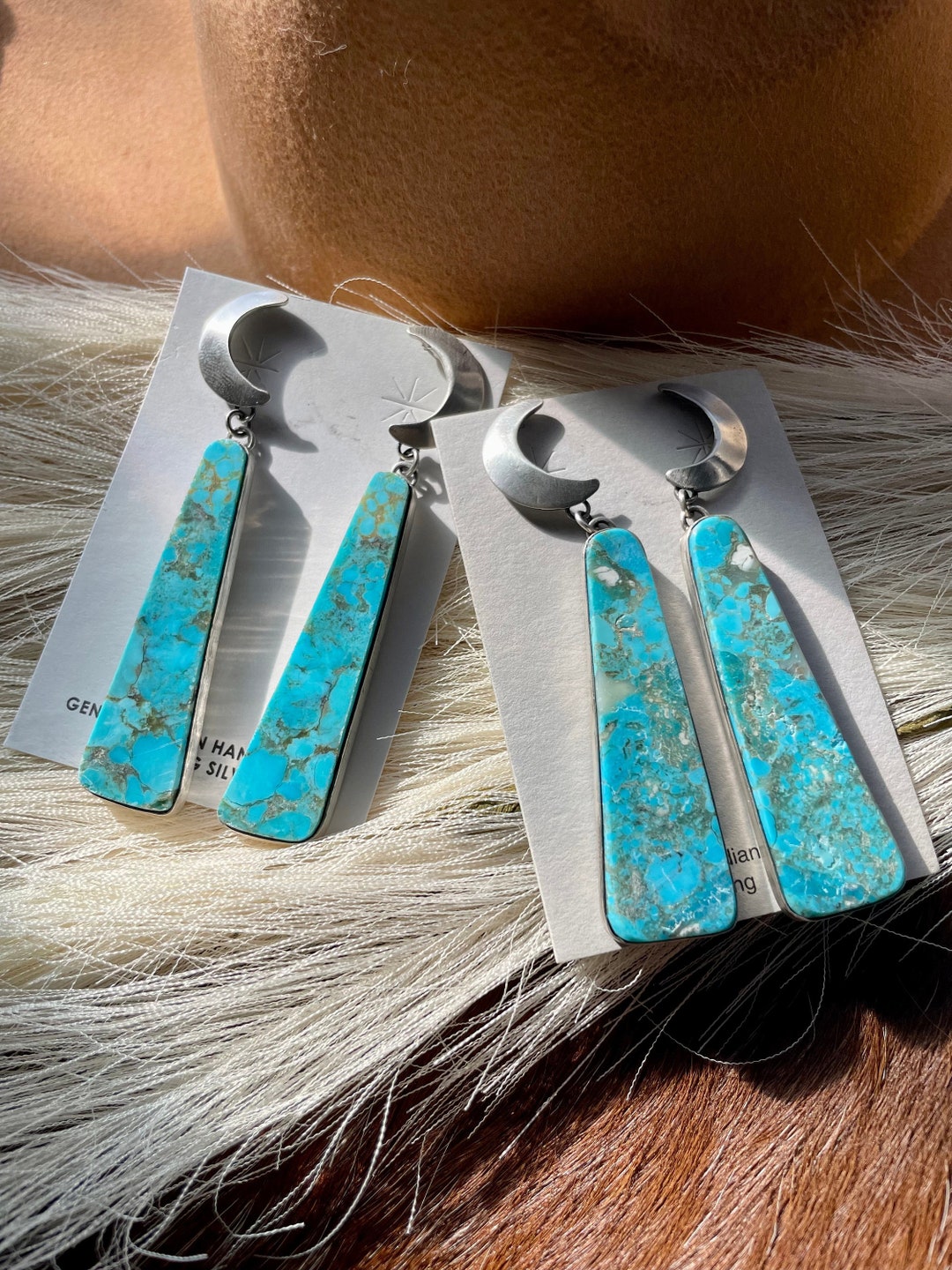 Navajo Turquoise & Sterling Silver Moon Slab Dangles Signed P Yazzie - Etsy