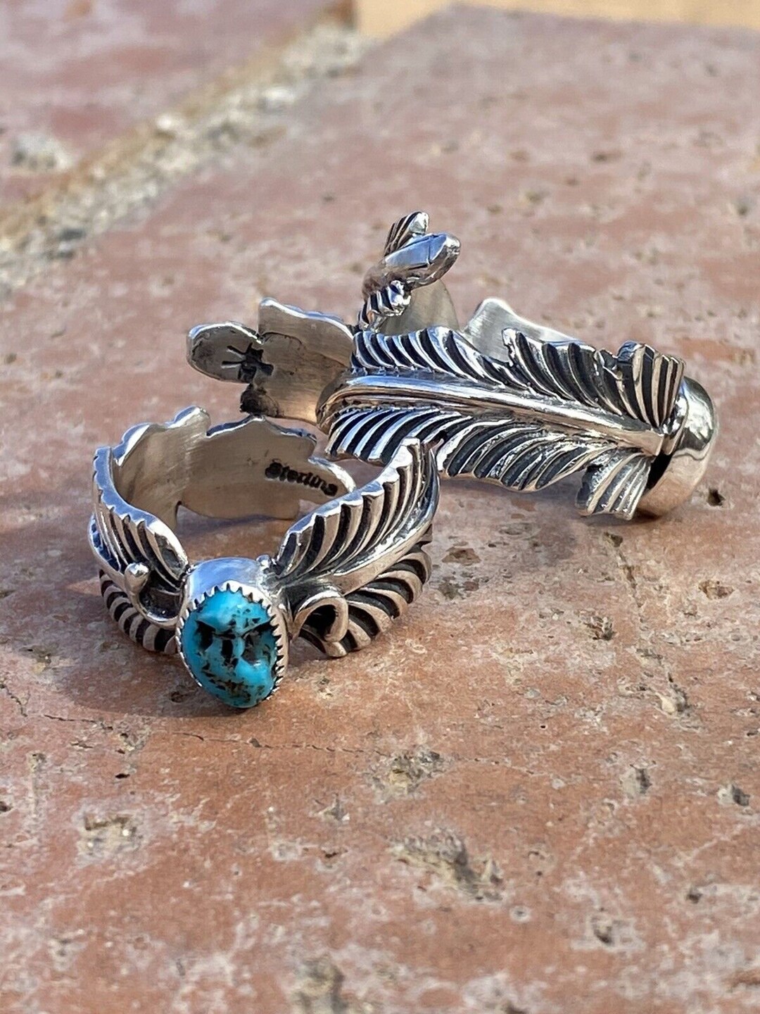 Handcrafted Feather Turquoise and Sterling Silver Adjustable Ring - Etsy