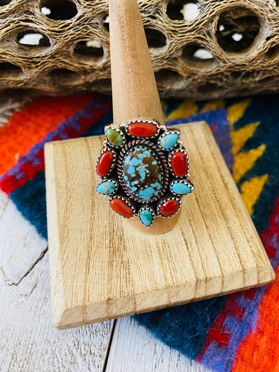 Handmade Sterling Silver, Coral & Number 8 Turquoise Cluster Adjustable ...