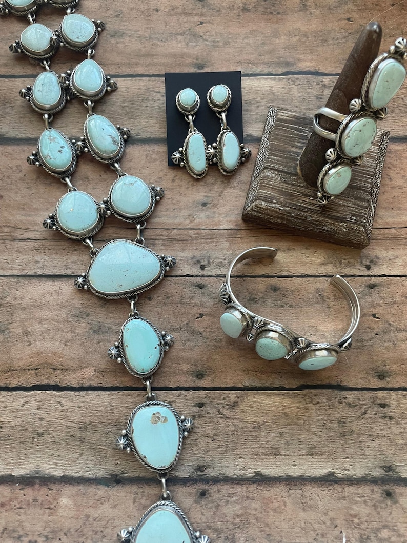 Larry Kaye Navajo Dry Creek Turquoise Drop Necklace, Earrings, Ring ...