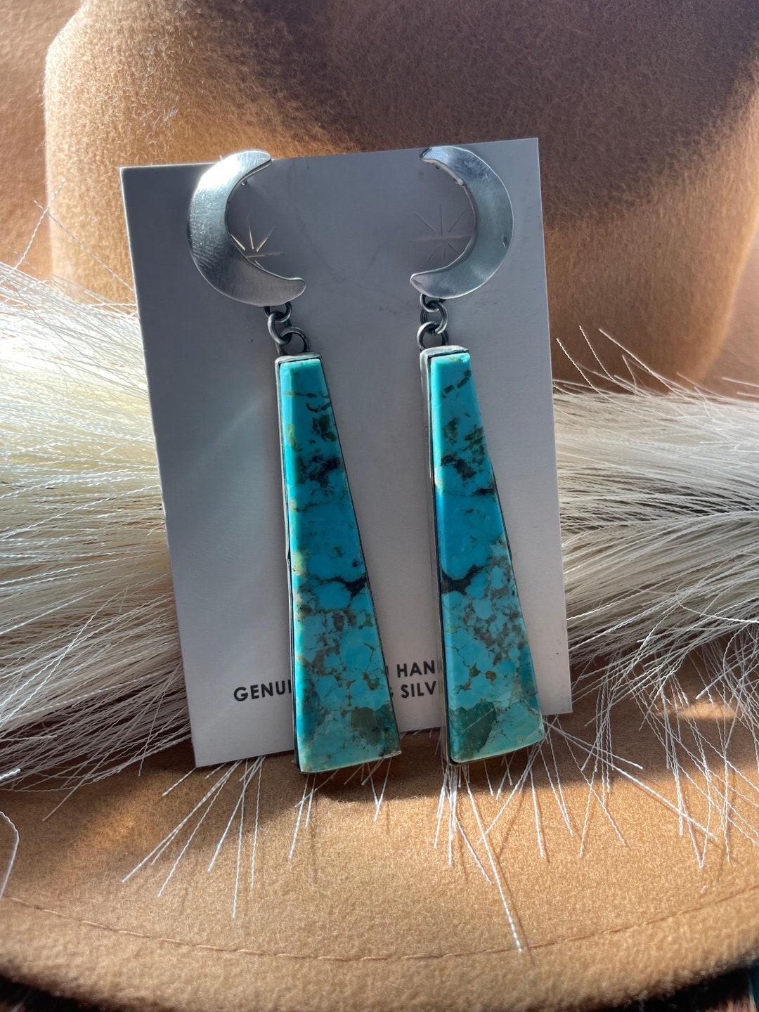 Navajo Turquoise & Sterling Silver Moon Slab Dangles Signed P Yazzie - Etsy