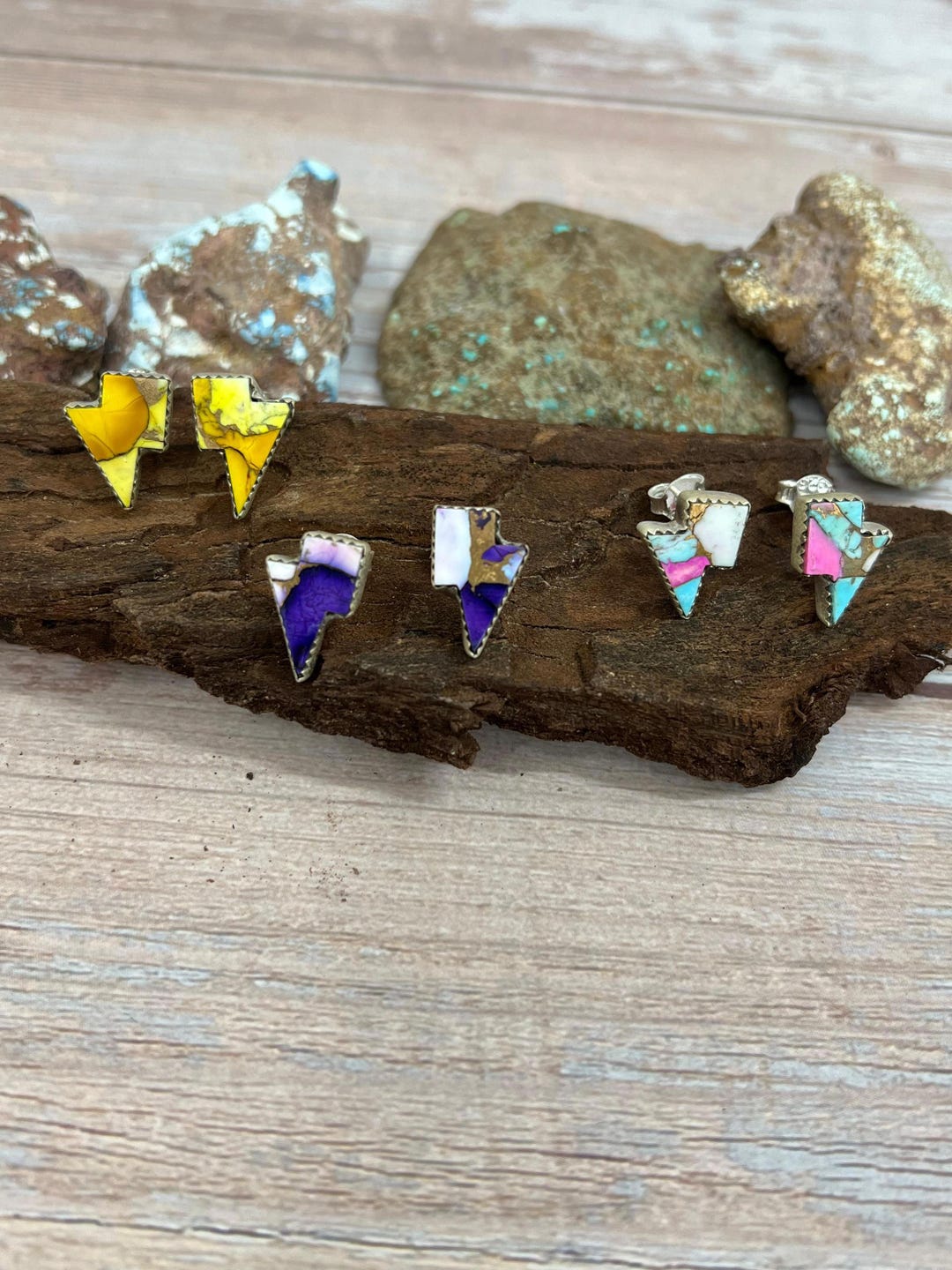 Handmade Sterling Silver Multi Stone Lightning Bolt Studs With Signed ...