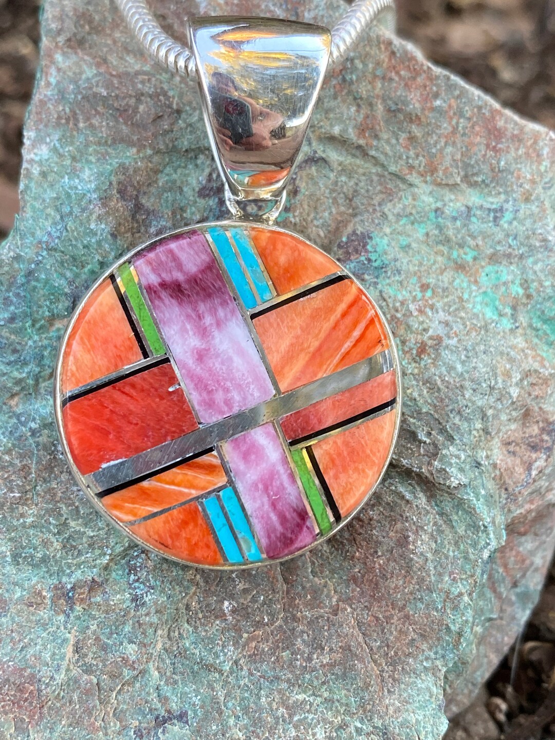 Turquoise, Orange Spiny Circle Pendant & Sterling Silver Chain Necklace ...