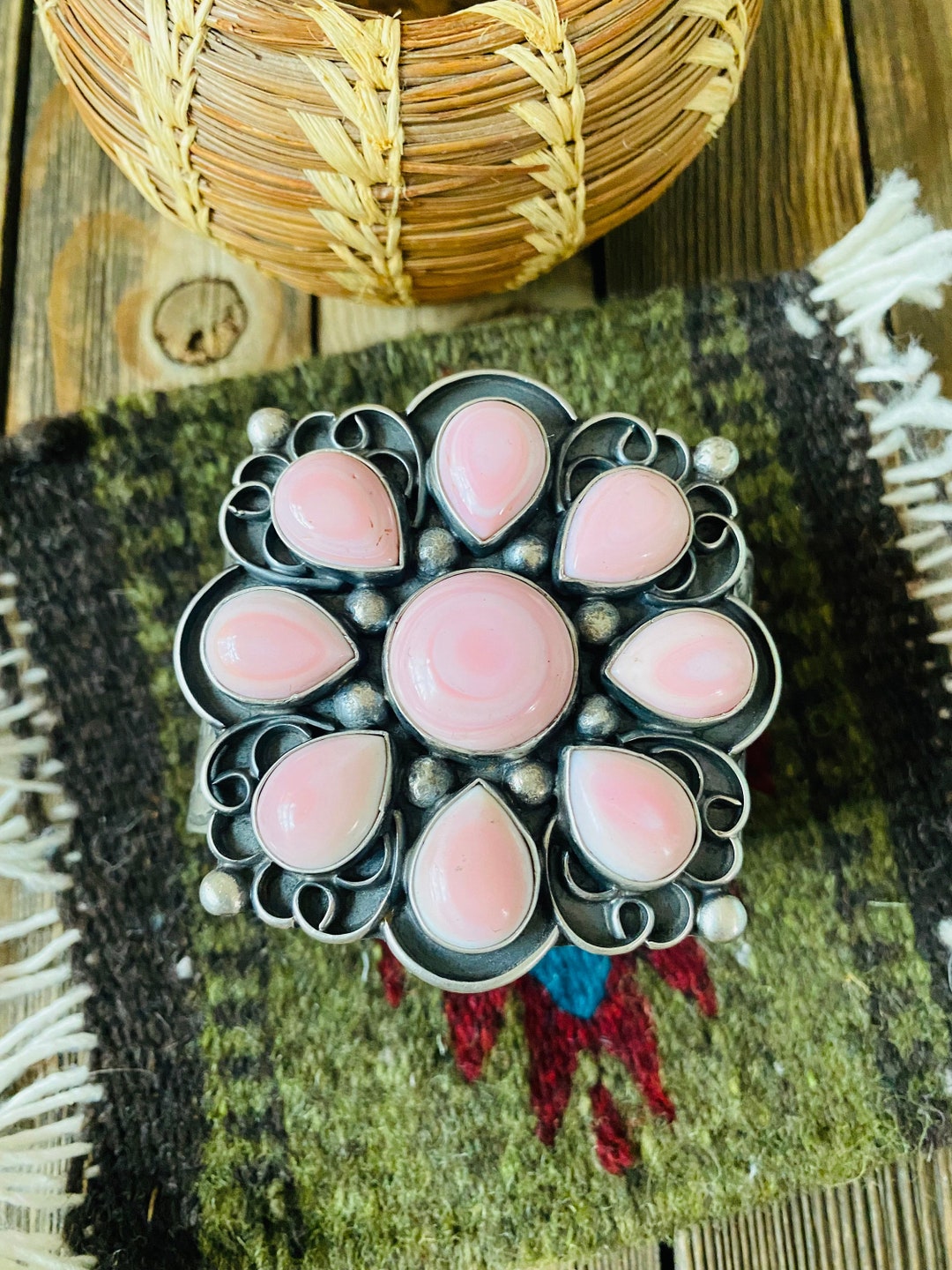 Navajo Queen Pink Conch Shell & Sterling Silver Cluster Cuff Bracelet ...