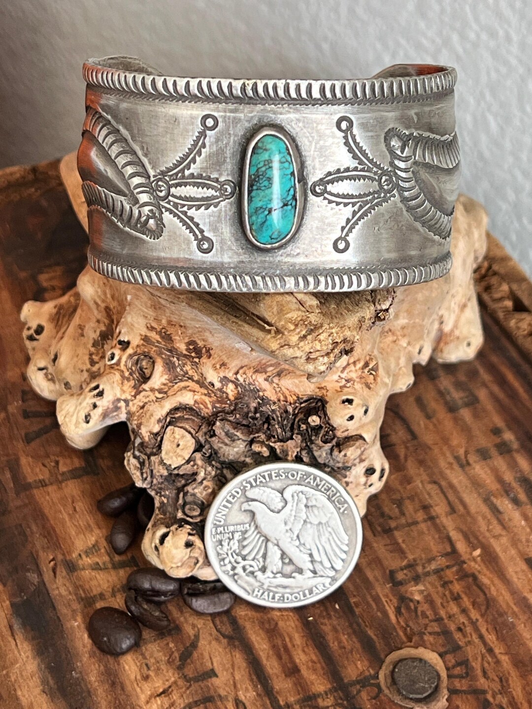 Hand Forged Old Pawn Sterling Silver & Turquoise Ingot Cuff Bracelet by ...