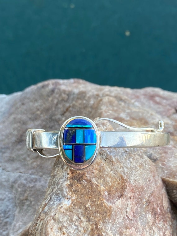 Navajo Lapis, Turquoise, Blue Opal Side Stone Cuff Br… - Gem