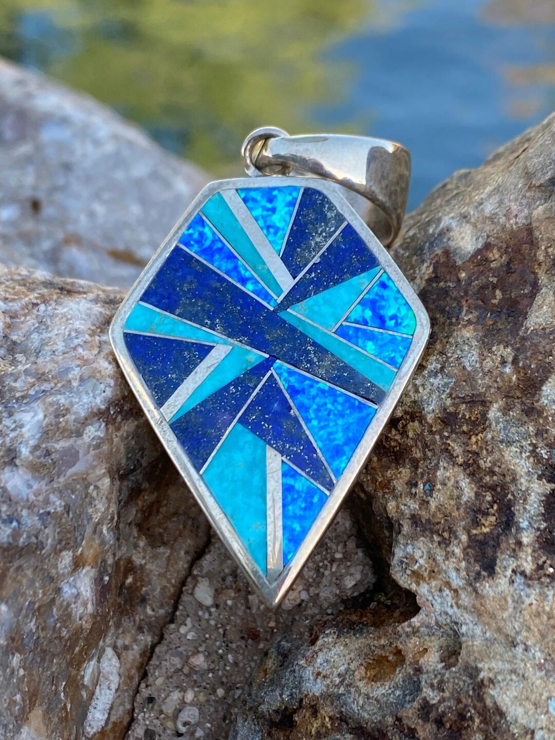 Navajo Lapis, Turquoise, Blue Opal Shield Pendant - Etsy