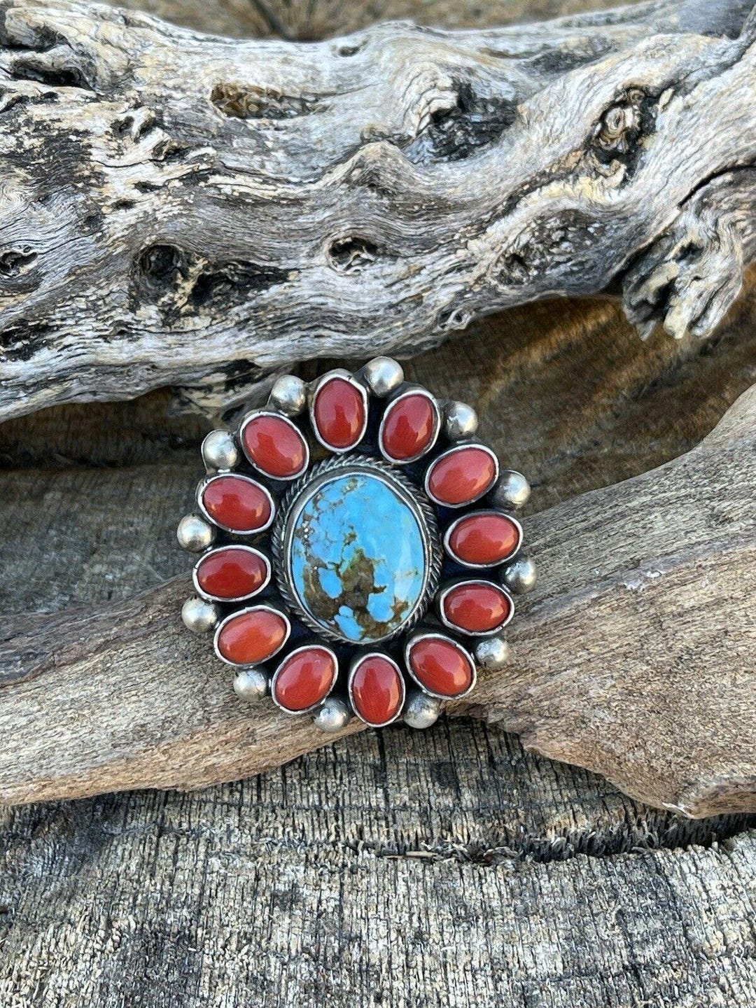 Navajo Sterling Silver Kingman Web Turquoise & Red Coral Taos Ring Sz 7 ...