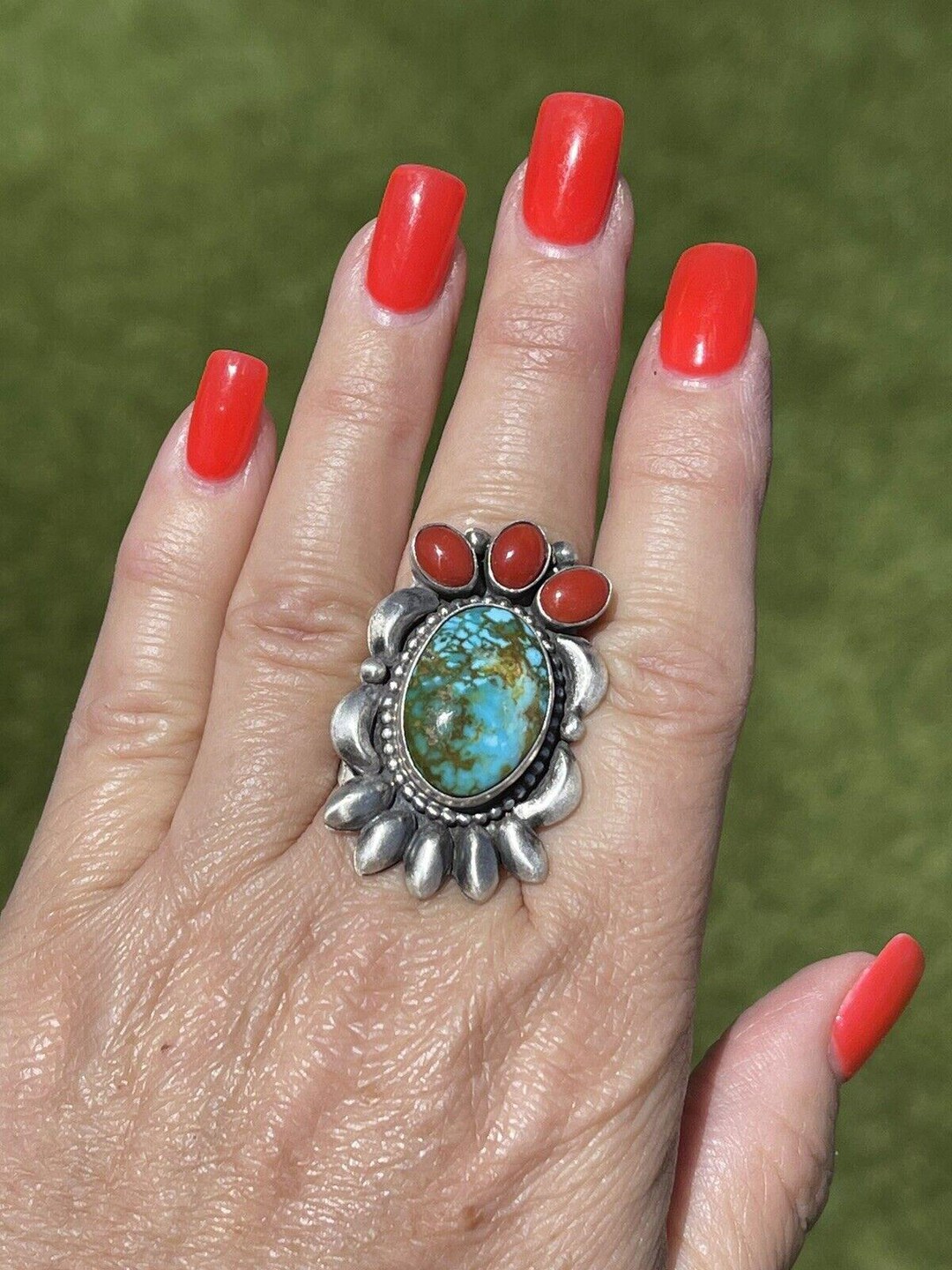 Navajo Sterling Kingman Web Turquoise & Red Coral Taos Collection Ring ...