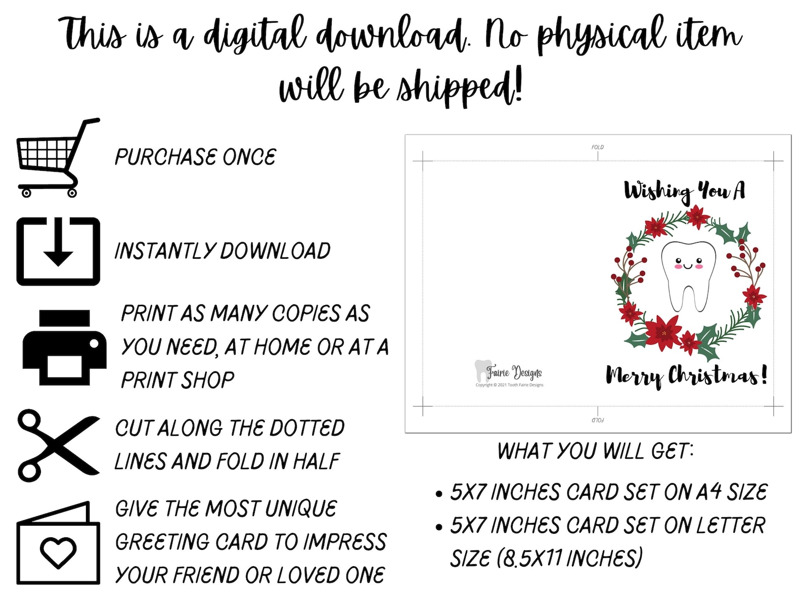 Cute Tooth Christmas Printable 5x7 Card for Dental Office Patient ...