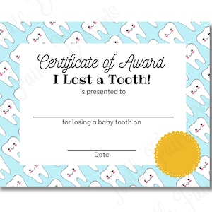 Lost Baby Tooth Certificate, I Lost a Tooth Award, Tooth Fairy ...