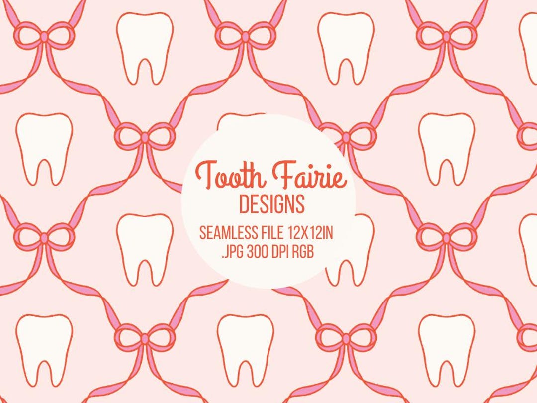 Dental Seamless Pattern, Pink Teeth and Bows Fabric Design (12x12in ...
