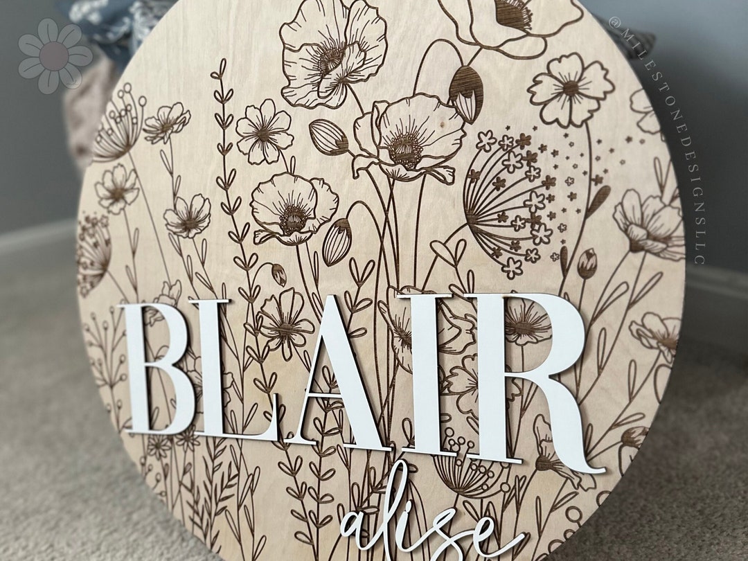 Wildflower Nursery Name Sign Round Wood Floral Baby Name Sign Floral ...