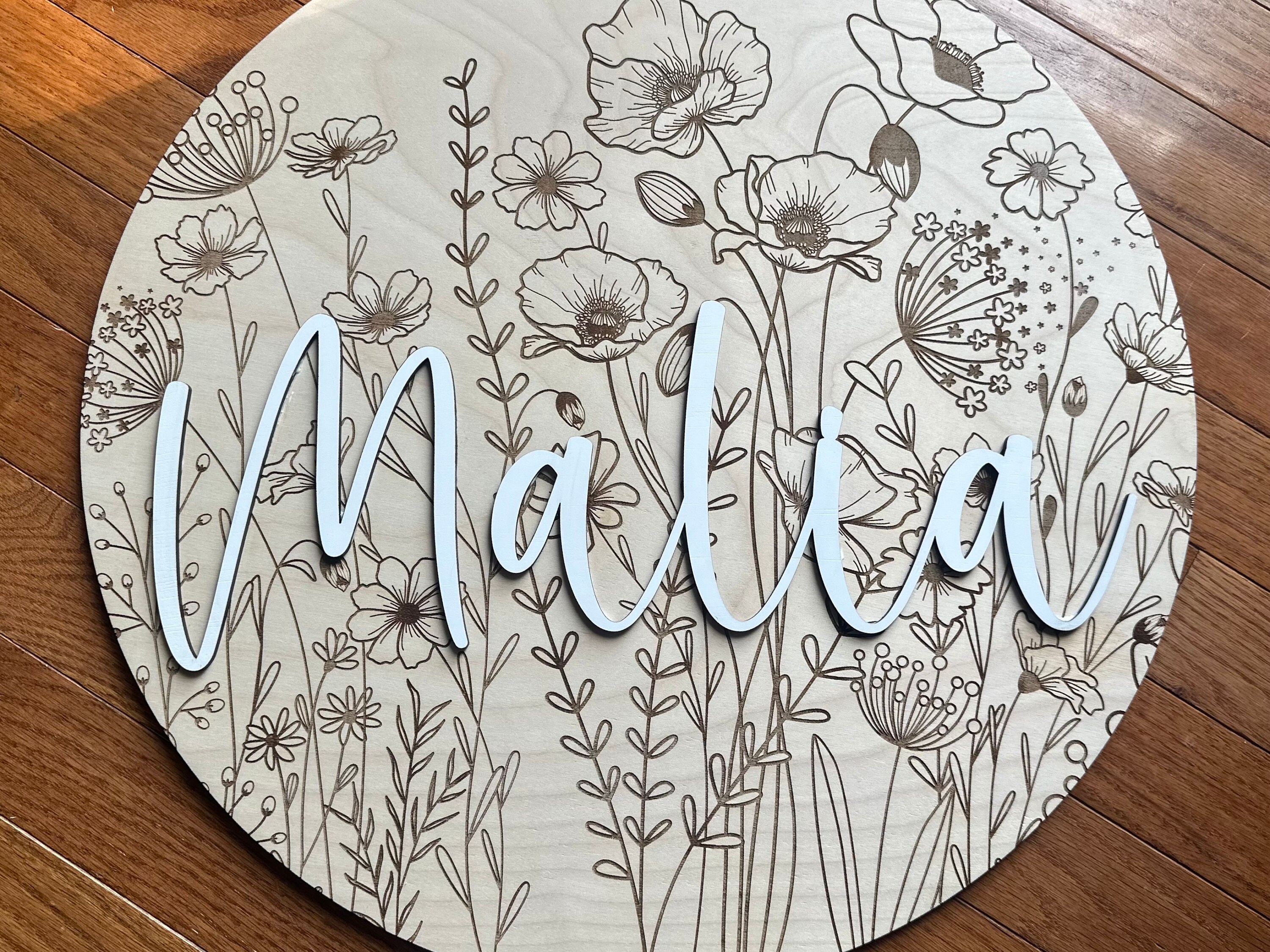 Wildflower Nursery Name Sign Round Wood Floral Baby Name Sign Floral ...
