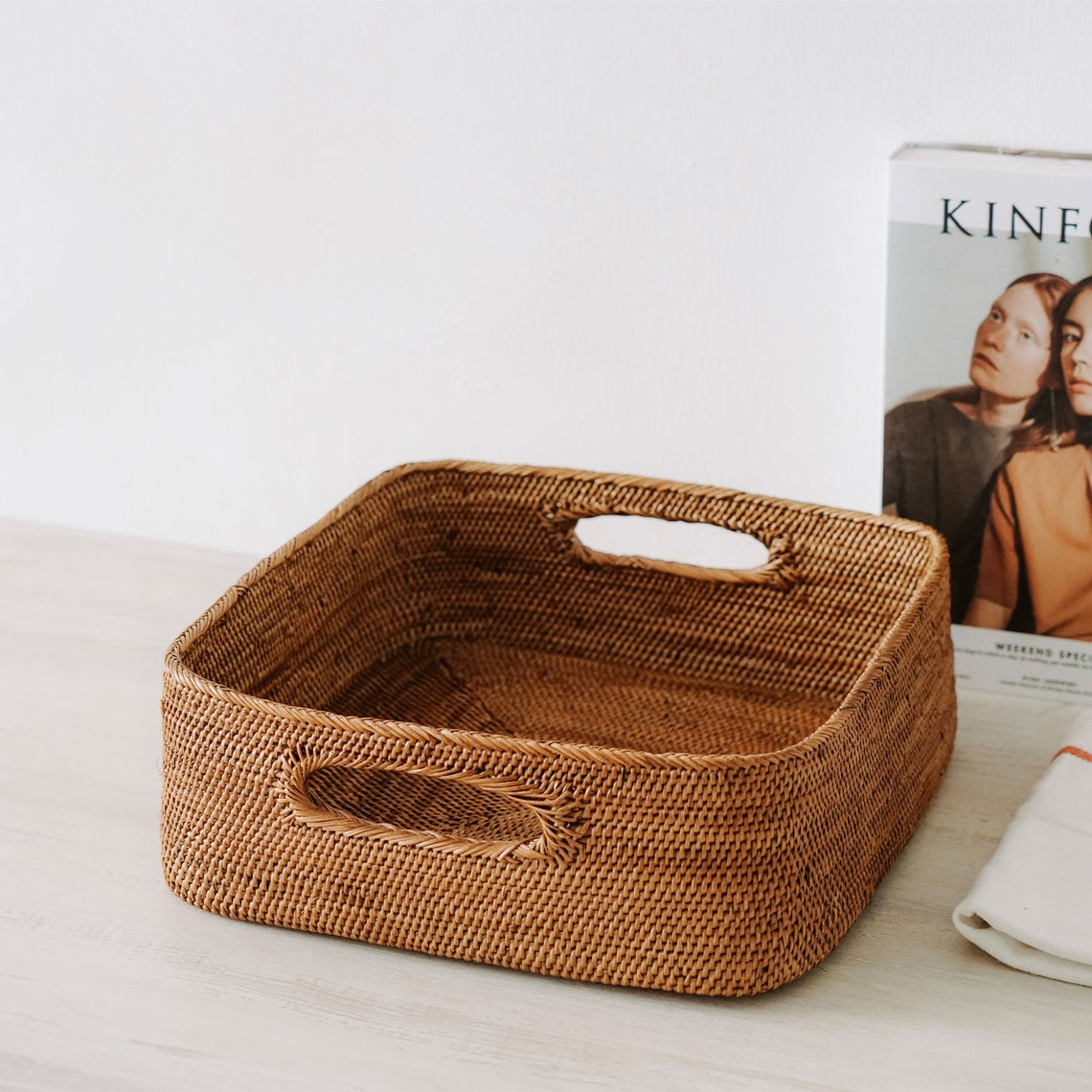 Square Rattan Basket, Rattan Storage Basket With Handle, Livingroom ...