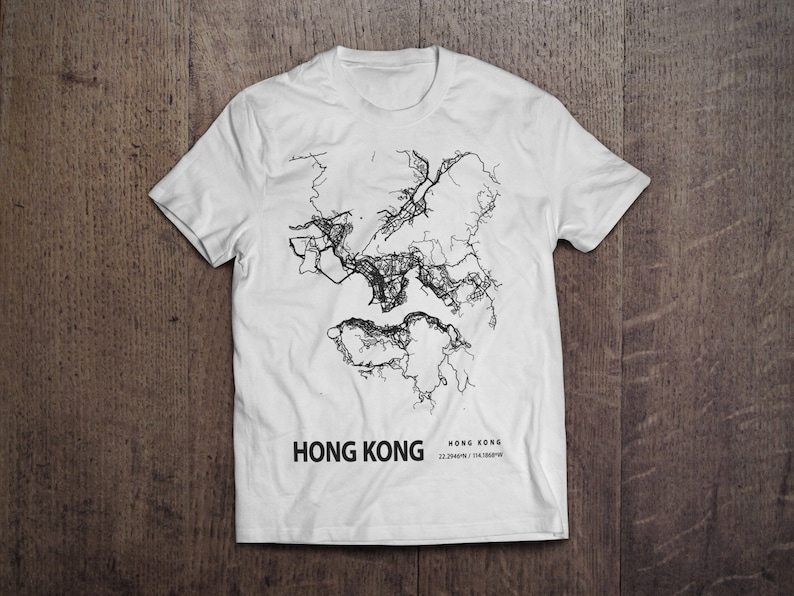 Hong Kong Blueprint City Map Coordinates / Heavyweight Cotton Unisex T ...