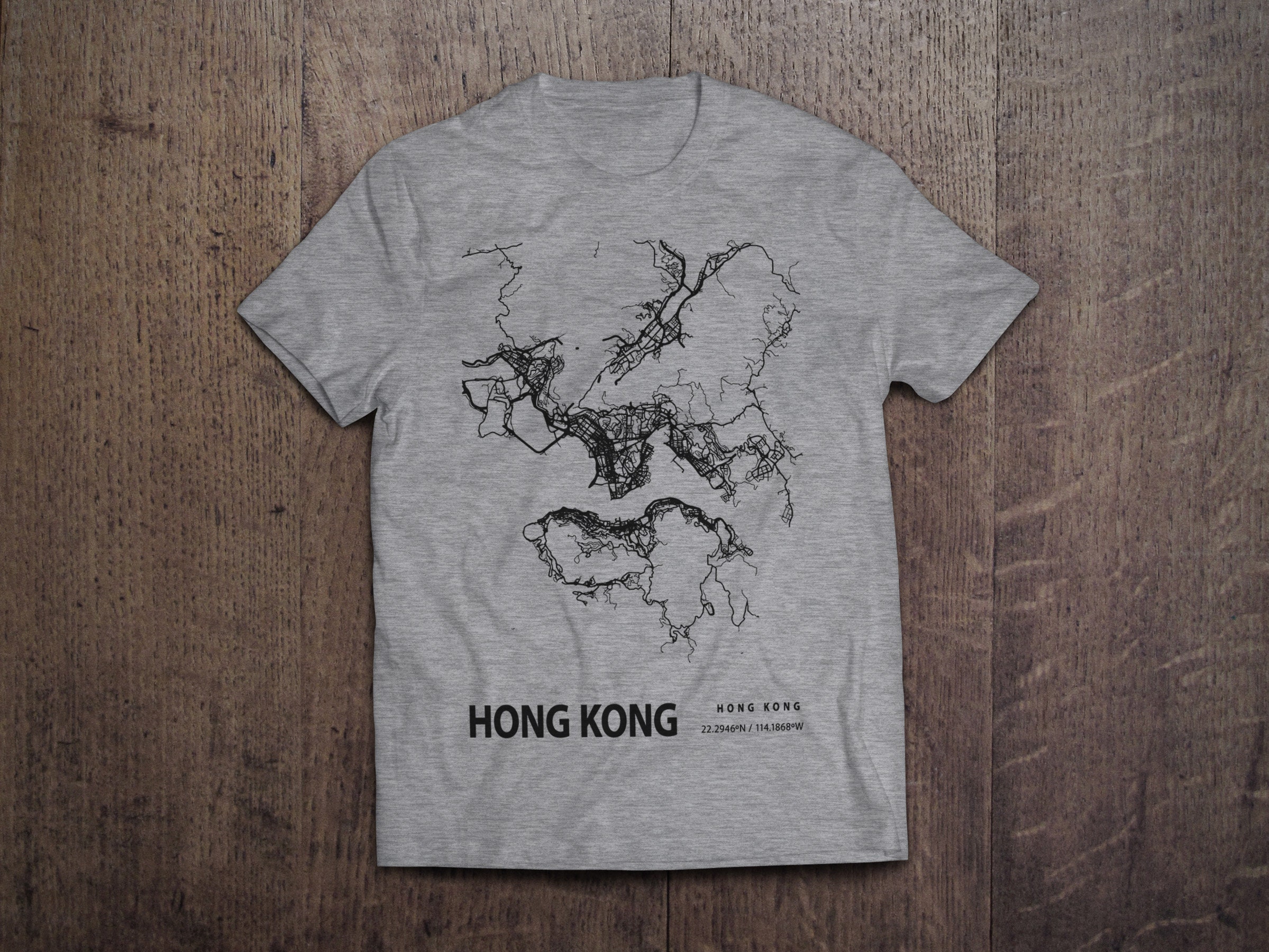 Hong Kong Blueprint City Map Coordinates / Heavyweight Cotton Unisex T ...