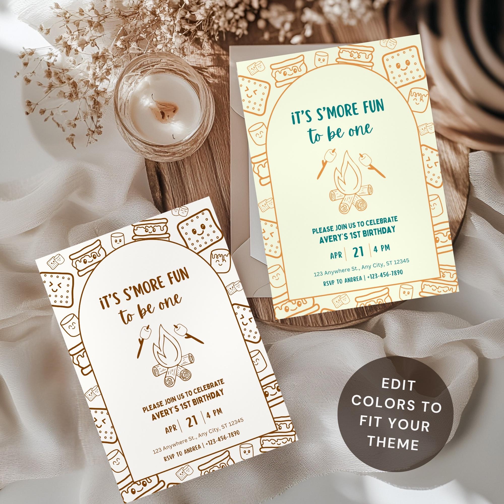 Smore Fun to Be One Invitation, Camping First Birthday Invite, Campfire ...