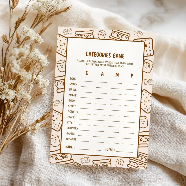 Smores Party Game, Editable Camping Categories Game, Campfire Baby ...