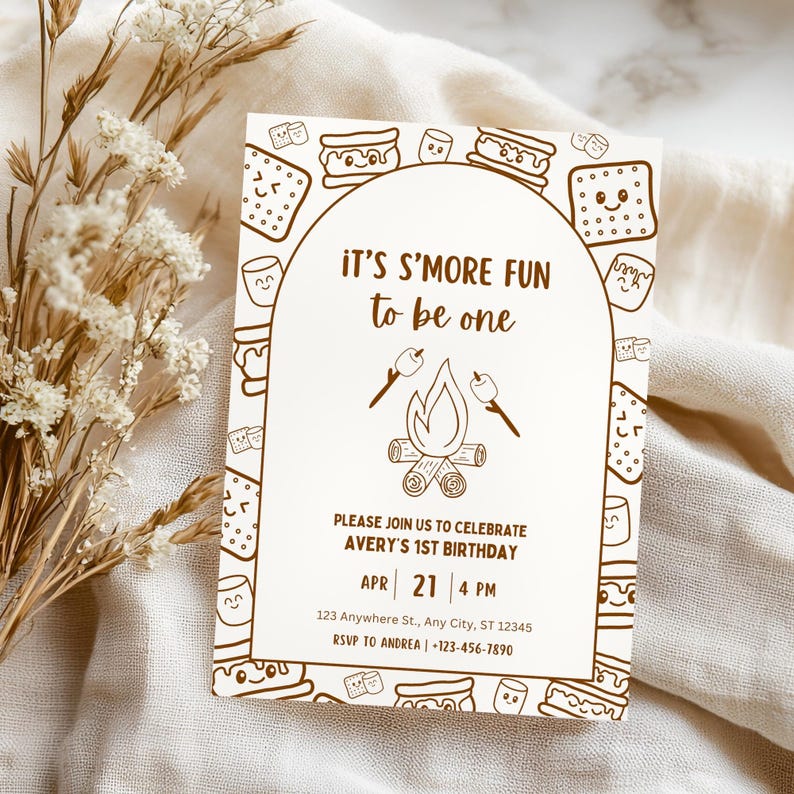 Smore Fun to Be One Invitation, Camping First Birthday Invite, Campfire ...