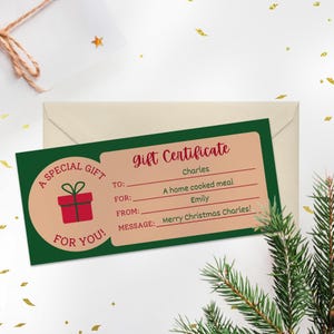 Christmas Gift Coupon Template, Green and Red Bow Holiday Gift Voucher ...