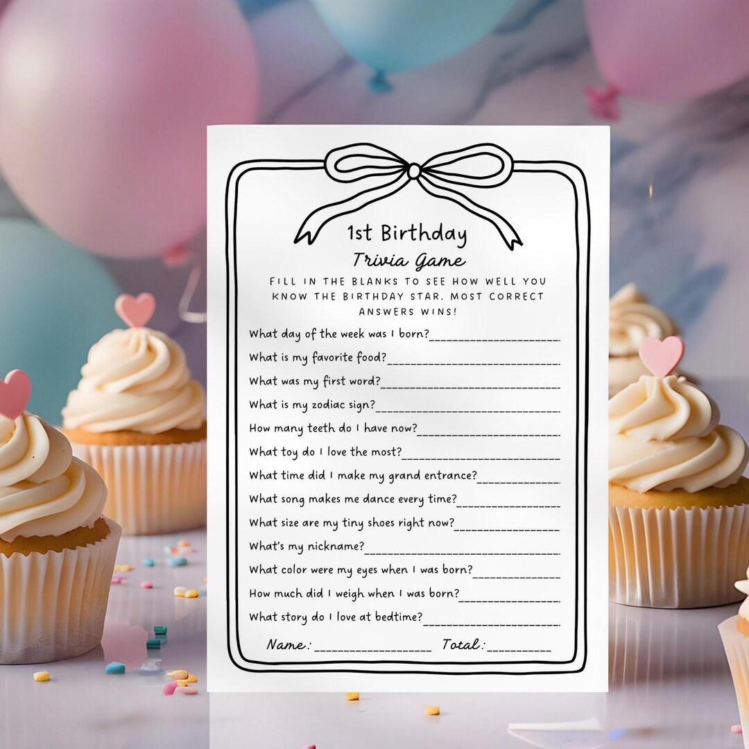 First Birthday Trivia Game Template, Editable 1st Birthday Party Quiz ...