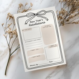 New Years Resolutions Cards, Minimalist Bow Theme, Printable Goal ...