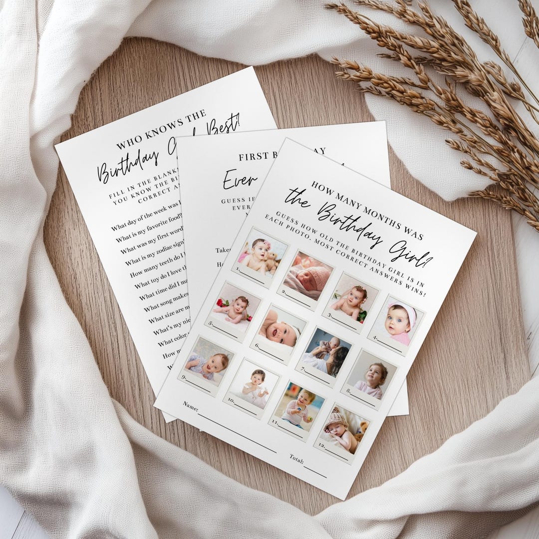 First Birthday Games: Girls 1st Birthday Trivia Bundle, Editable Photo ...
