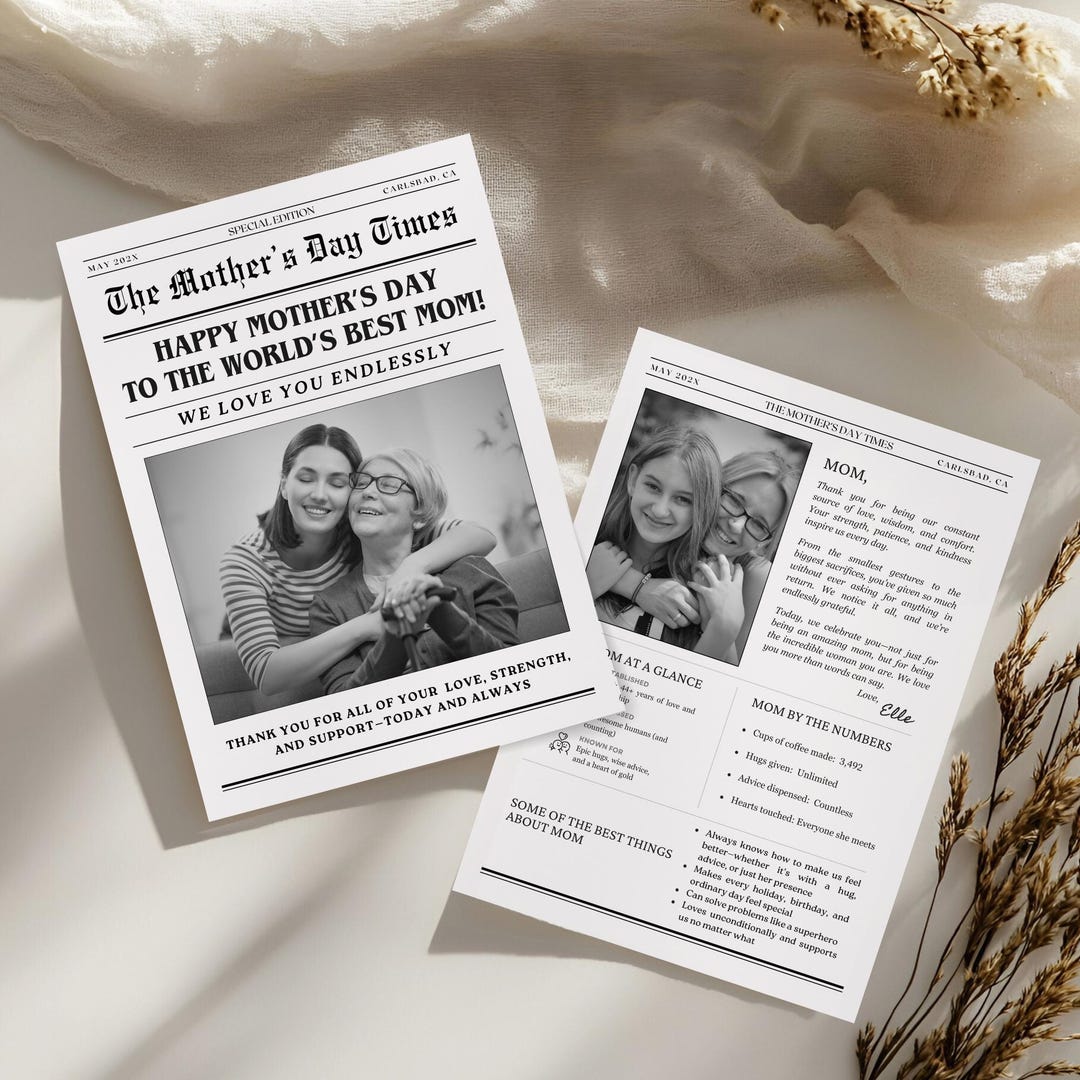 Mothers Day Newspaper Template, Printable Gift for Mom, Editable Photo ...