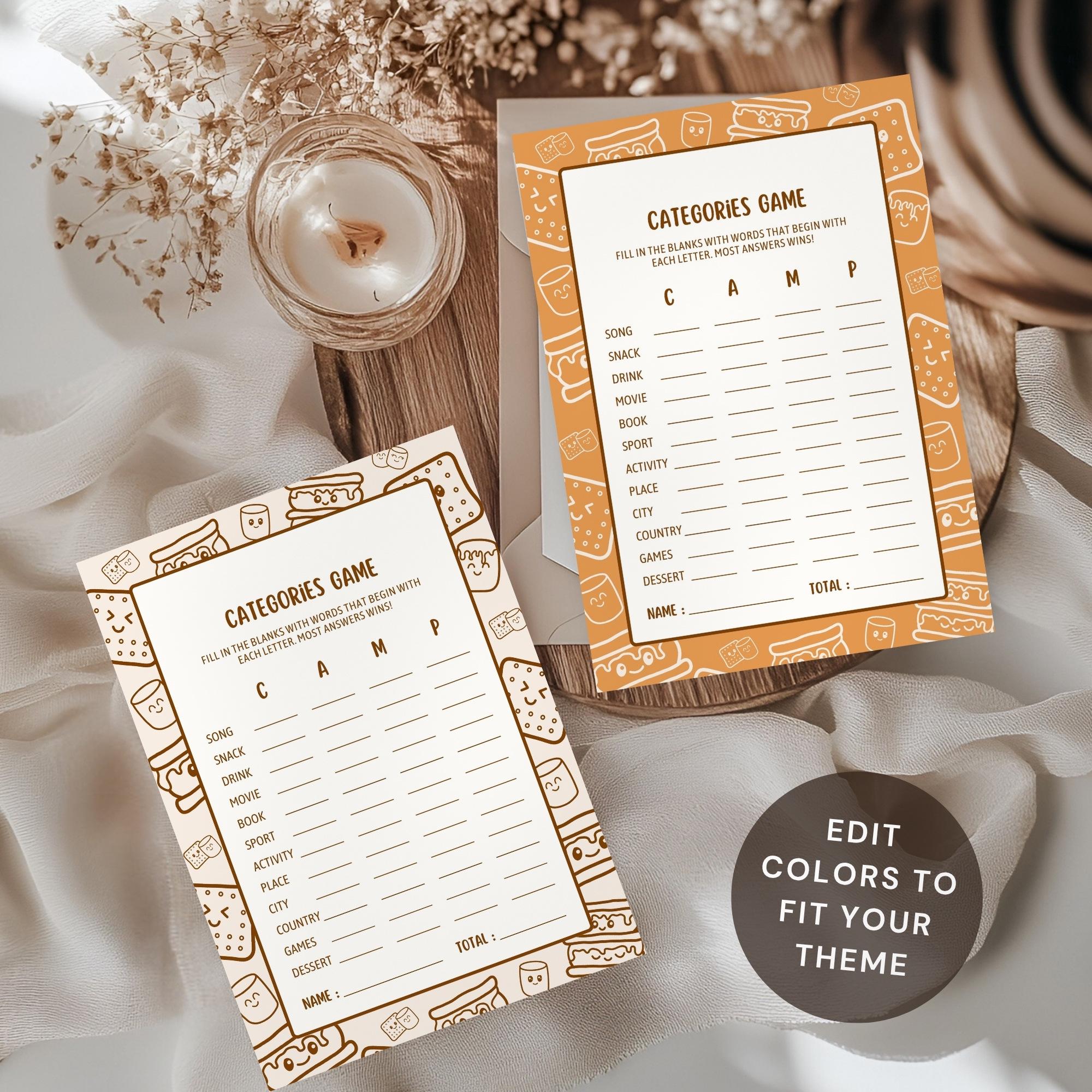 Smores Party Game, Editable Camping Categories Game, Campfire Baby ...