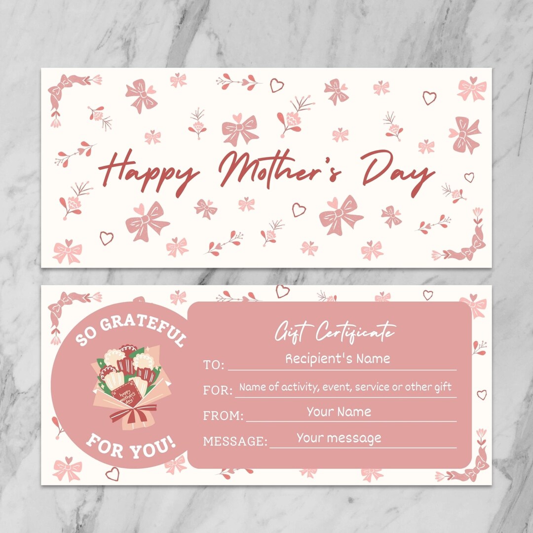 Coquette Mothers Day Gift Certificate, Editable Gift Card Template ...