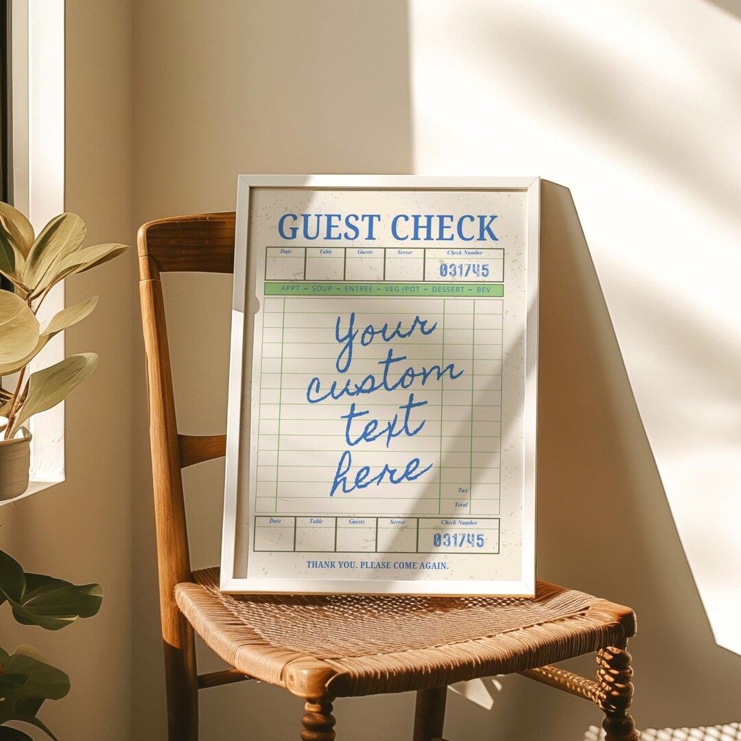 Custom Guest Check Print, Editable Text Receipt Poster, Trendy Wall Art ...