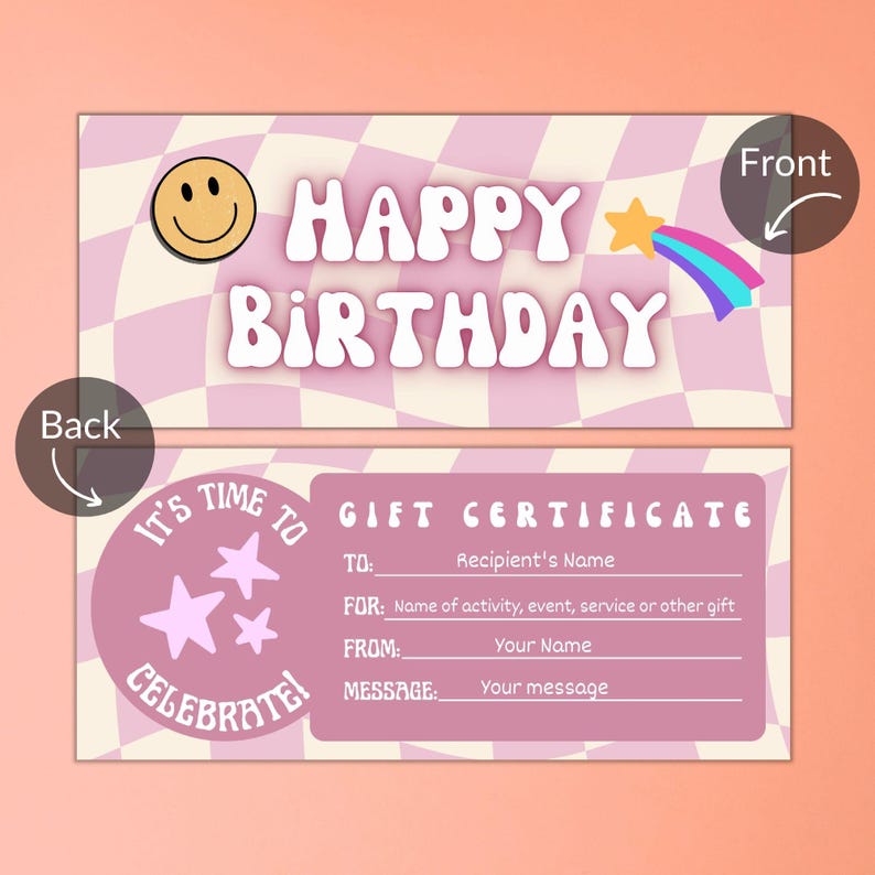 Birthday Gift Certificate Template, Retro Birthday Coupon, Editable ...