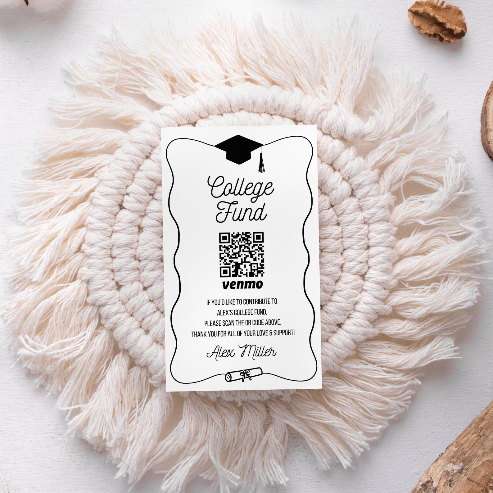 Graduation College Fund QR Code Card, Grad Party Gift QR Code Insert ...