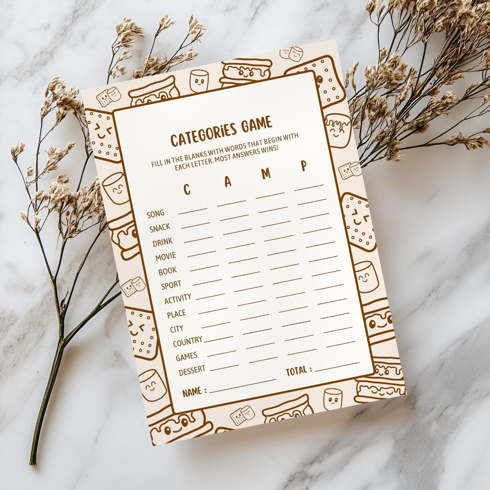 Smores Party Game, Editable Camping Categories Game, Campfire Baby ...