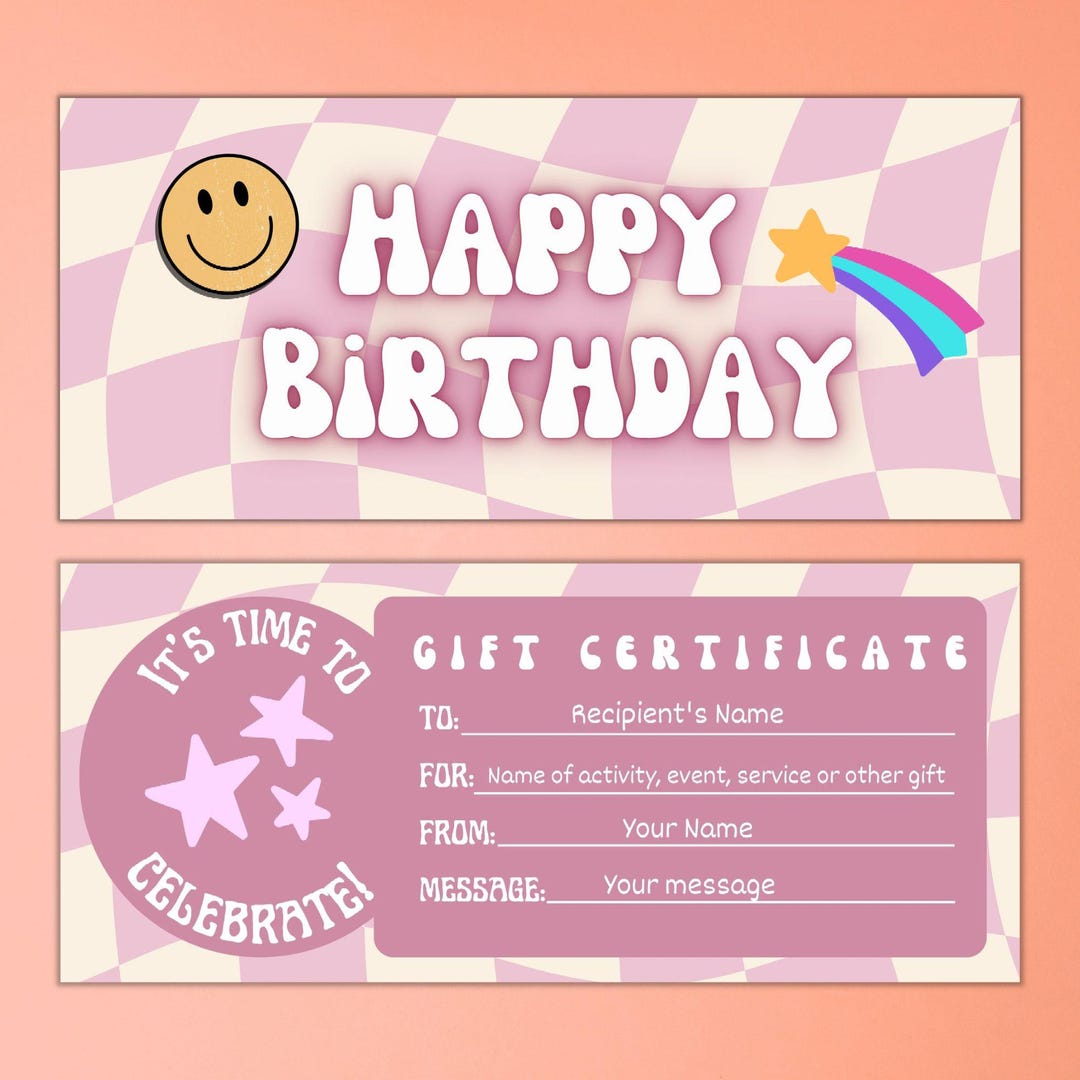Birthday Gift Certificate Template, Retro Birthday Coupon, Editable ...