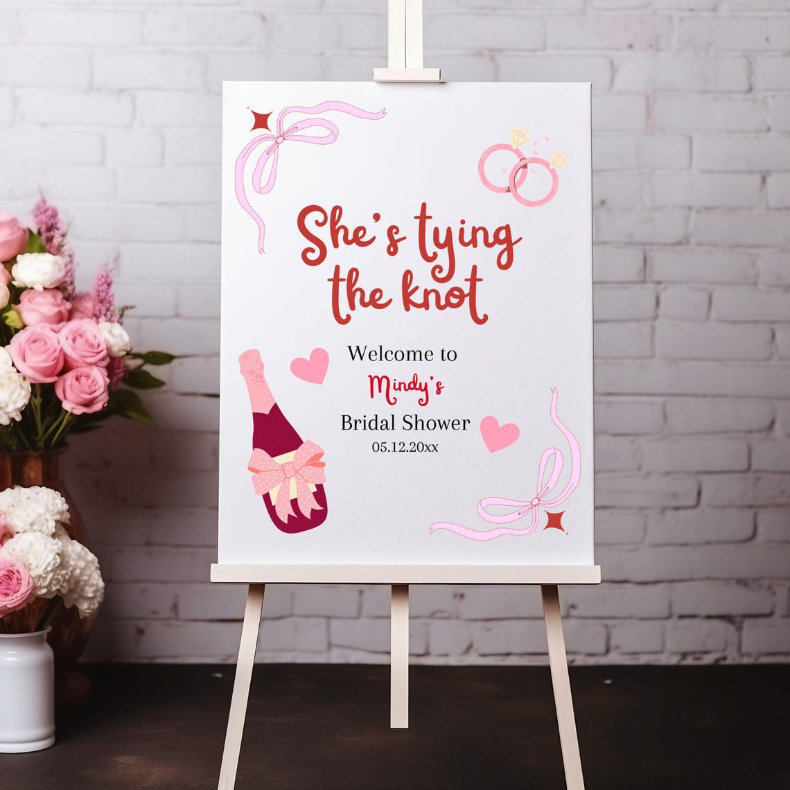 She's Tying the Knot Bridal Shower Sign, Pink Red Bow Welcome Sign ...