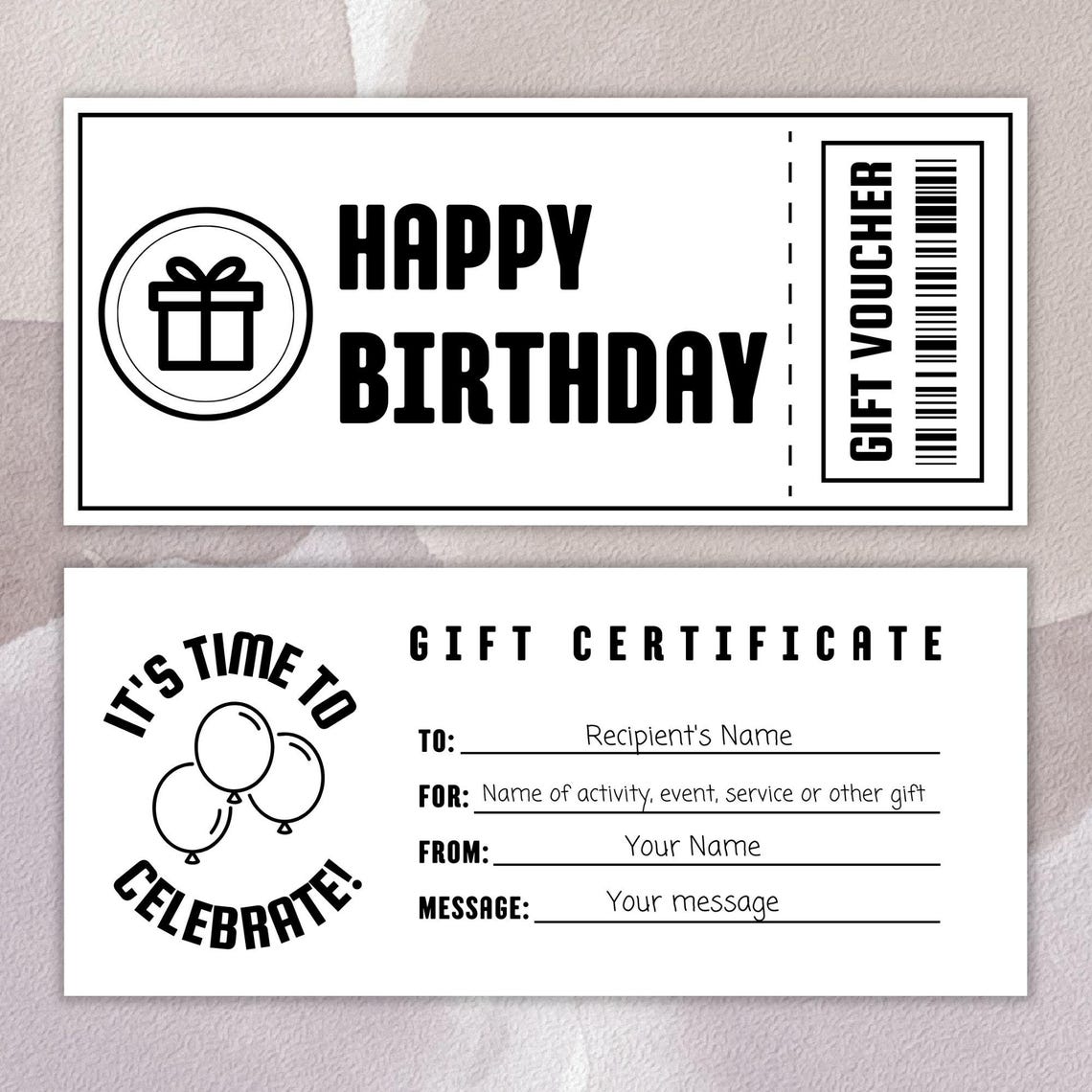 Editable Black and White Birthday Voucher Template, Printable Modern ...