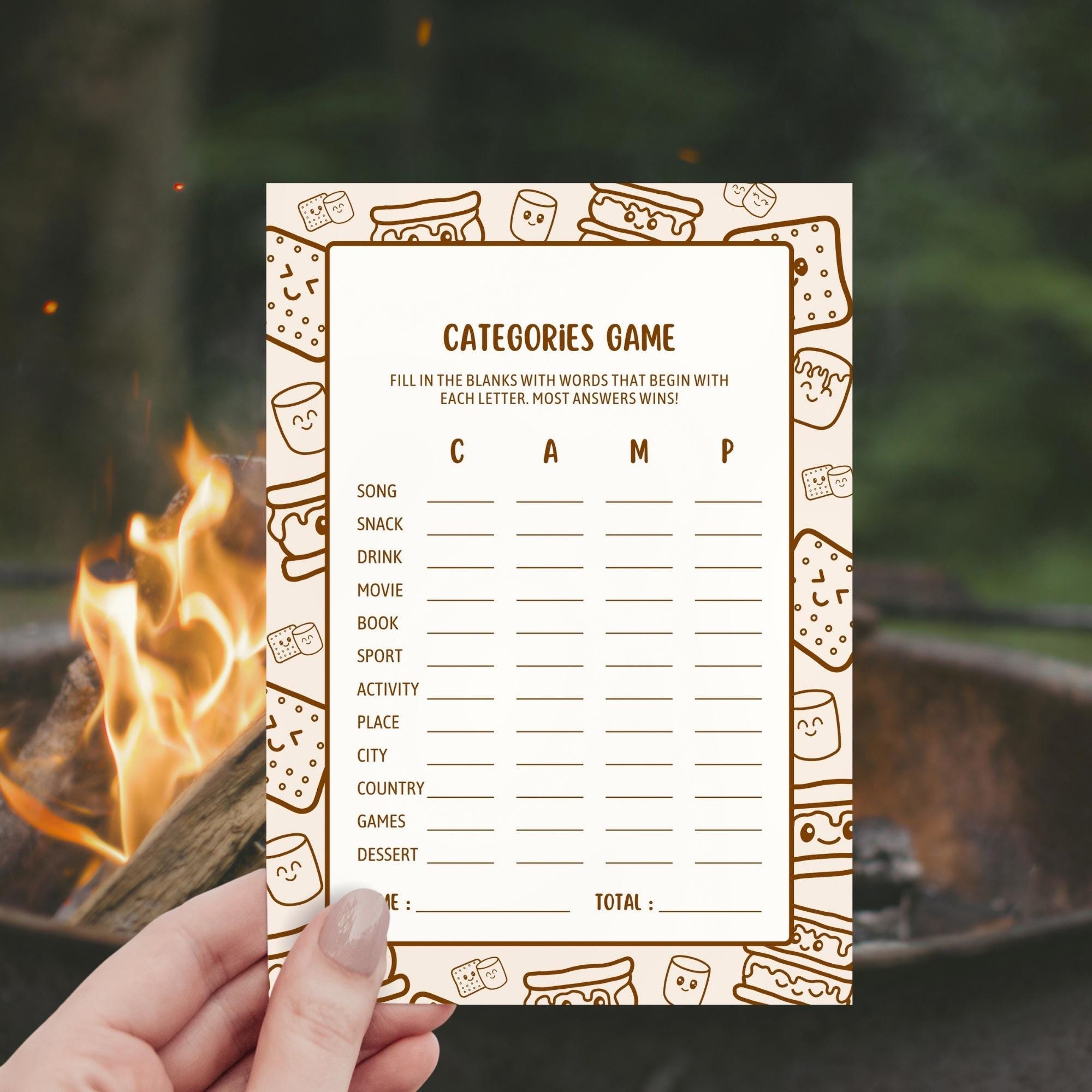 Smores Party Game, Editable Camping Categories Game, Campfire Baby ...