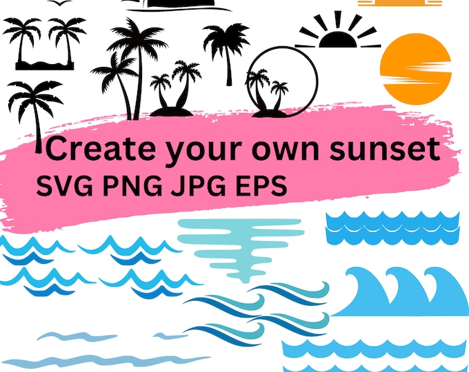 Palm Trees Wave Sun Svg - Pdf - Png - Dxf - Birds Svg - Commercial Use ...