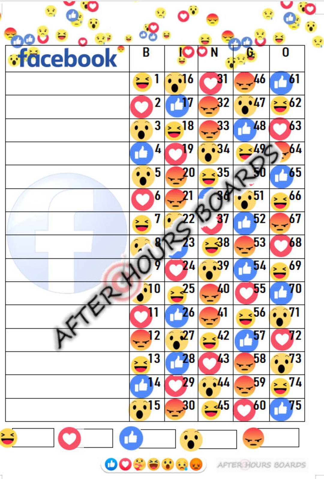 FB Reactions BINGO Board Straight 15 Lines Instant Download - Etsy