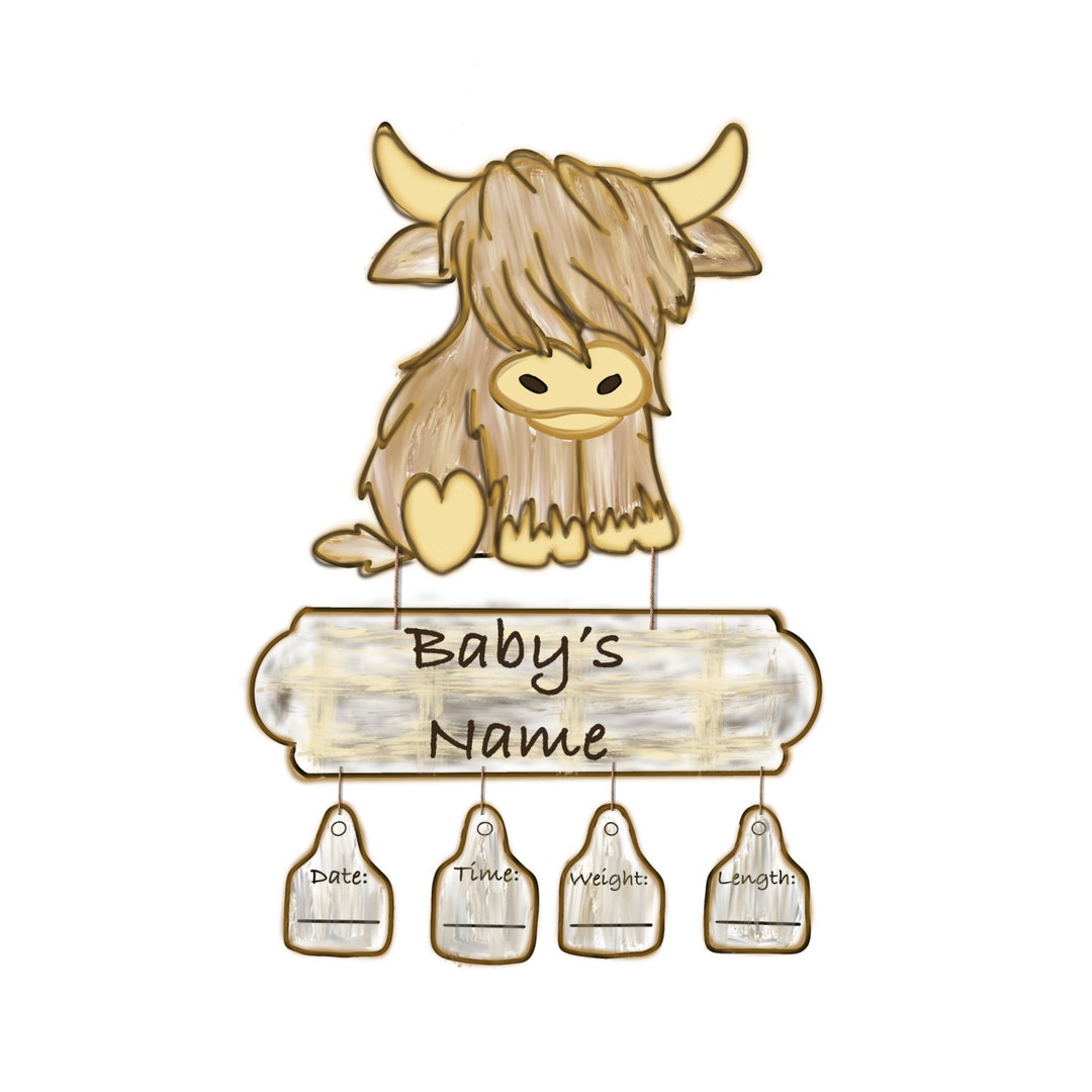 Highland Cow Hospital Door Hanger Template| Cow Tag Birth Announcement ...