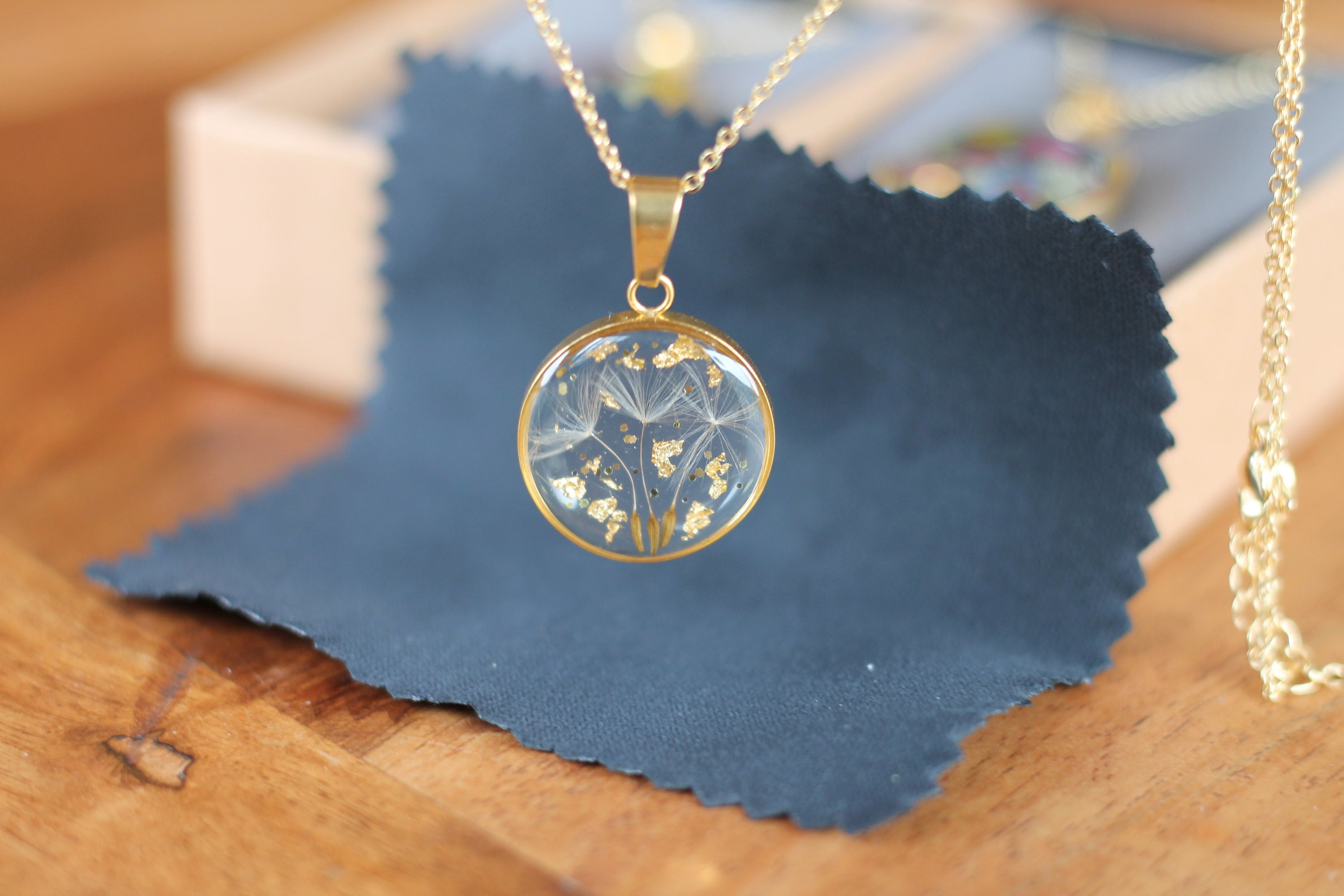 Resin and Dandelion Pendant, With Leaves and Gold Glitter Mounted on a ...