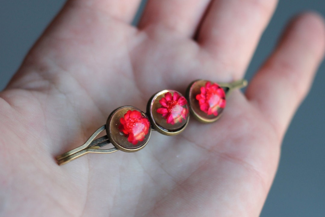 Red Barrette in Dried Flowers / Resin and Flowers Barrette / Spring ...
