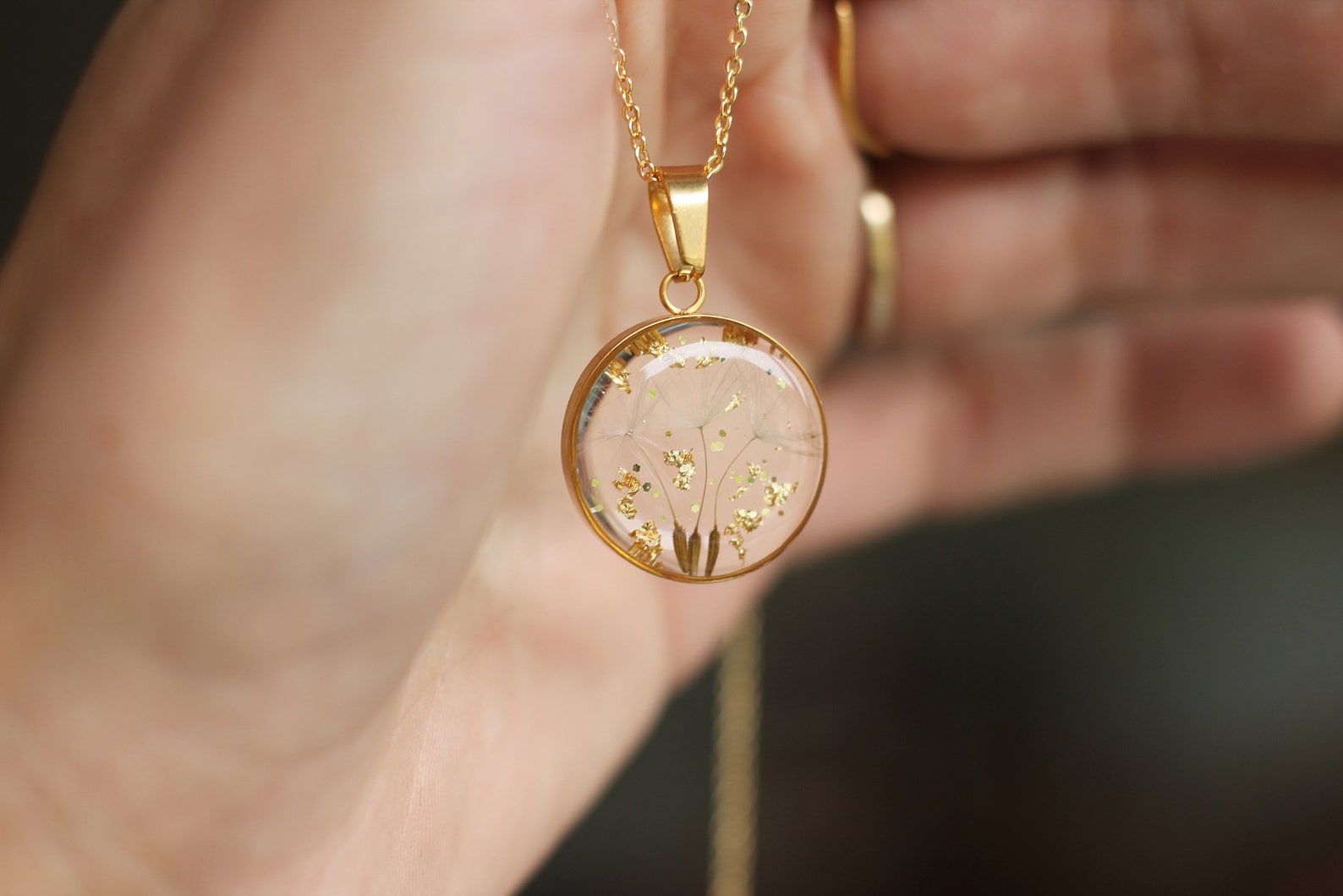 Resin and Dandelion Pendant, With Leaves and Gold Glitter Mounted on a ...