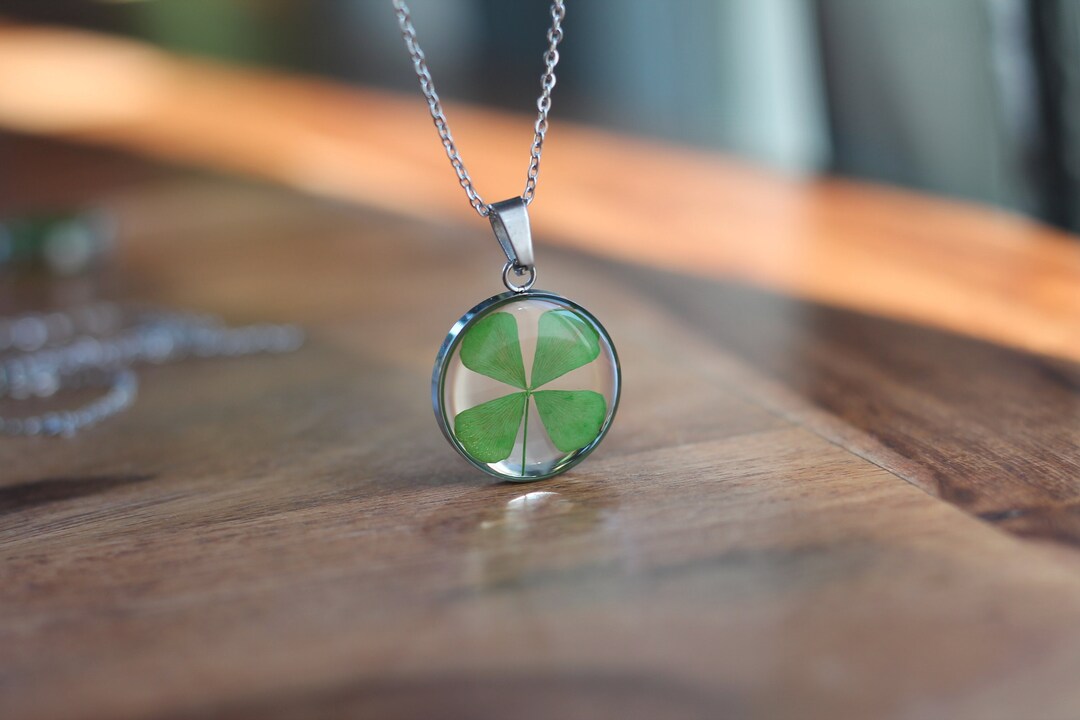 Genuine 4-leaf Clover Necklace Mounted on Silver Stainless Steel Chain ...